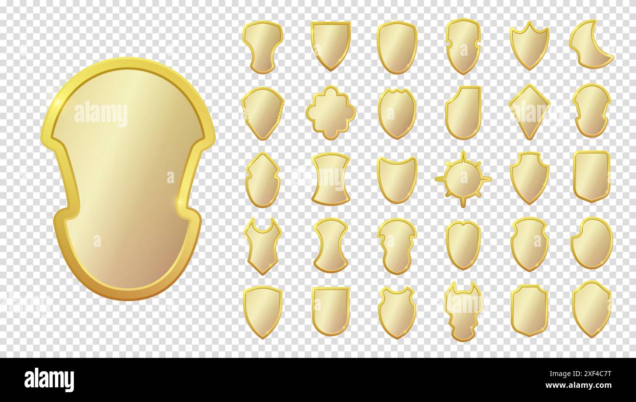 Set of realistic golden heraldic shields. Glass and glossy shield ...