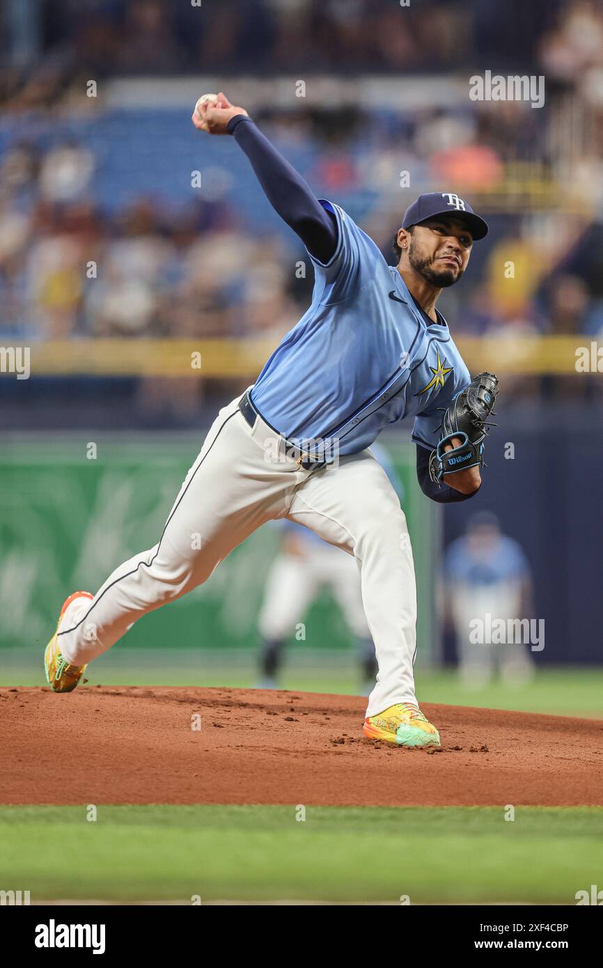 St. Petersburg, FL: Tampa Bay Rays pitcher Taj Bradley (45) delivers a ...