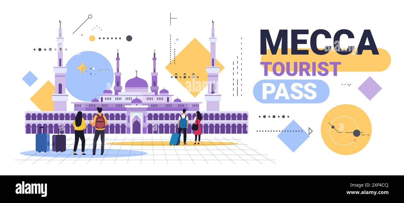 Mecca mosque with tourists and luggage abstract geometric shapes modern ...