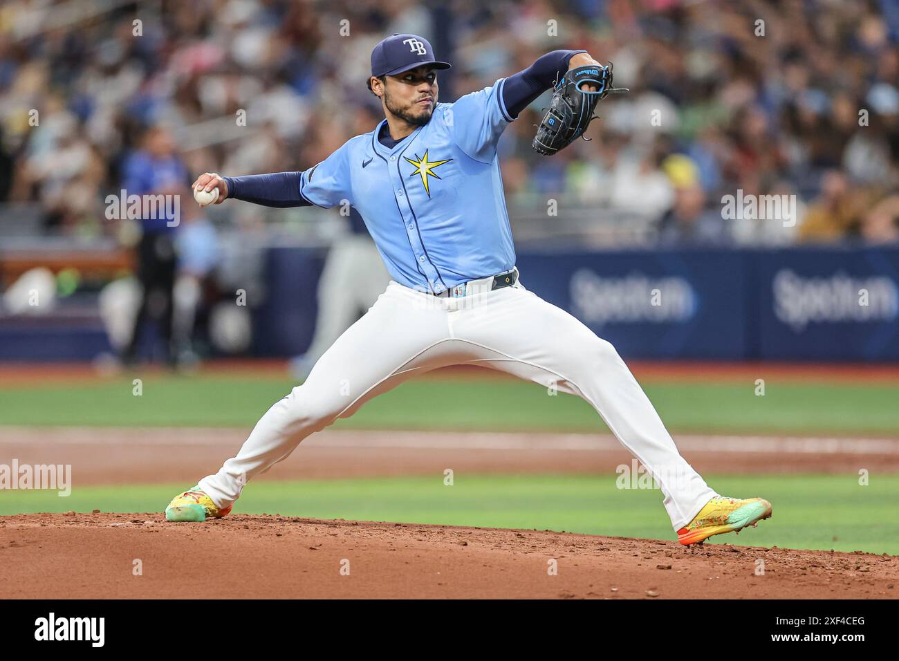 St. Petersburg, FL: Tampa Bay Rays pitcher Taj Bradley (45) delivers a ...