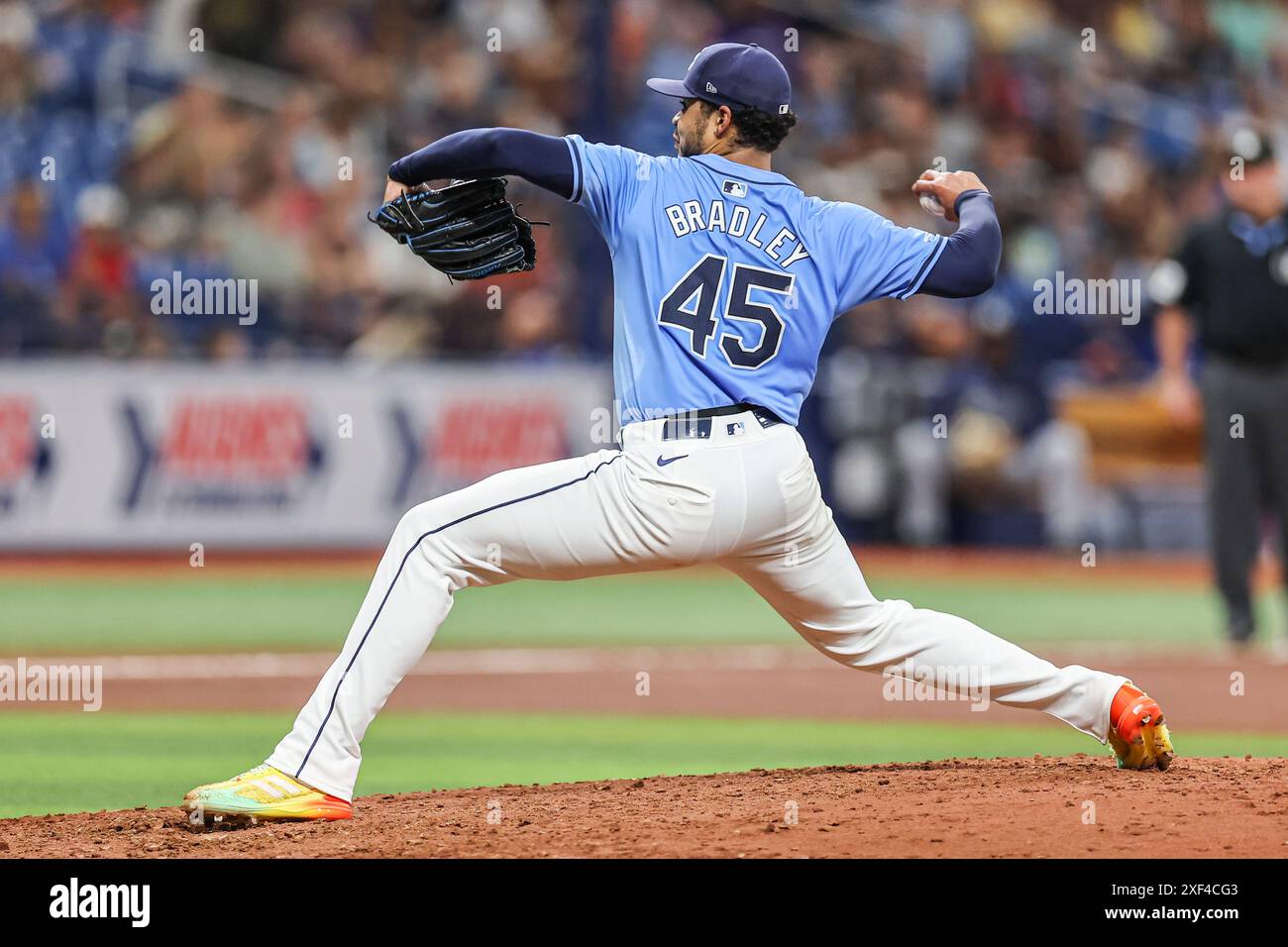 St. Petersburg, FL: Tampa Bay Rays pitcher Taj Bradley (45) delivers a ...