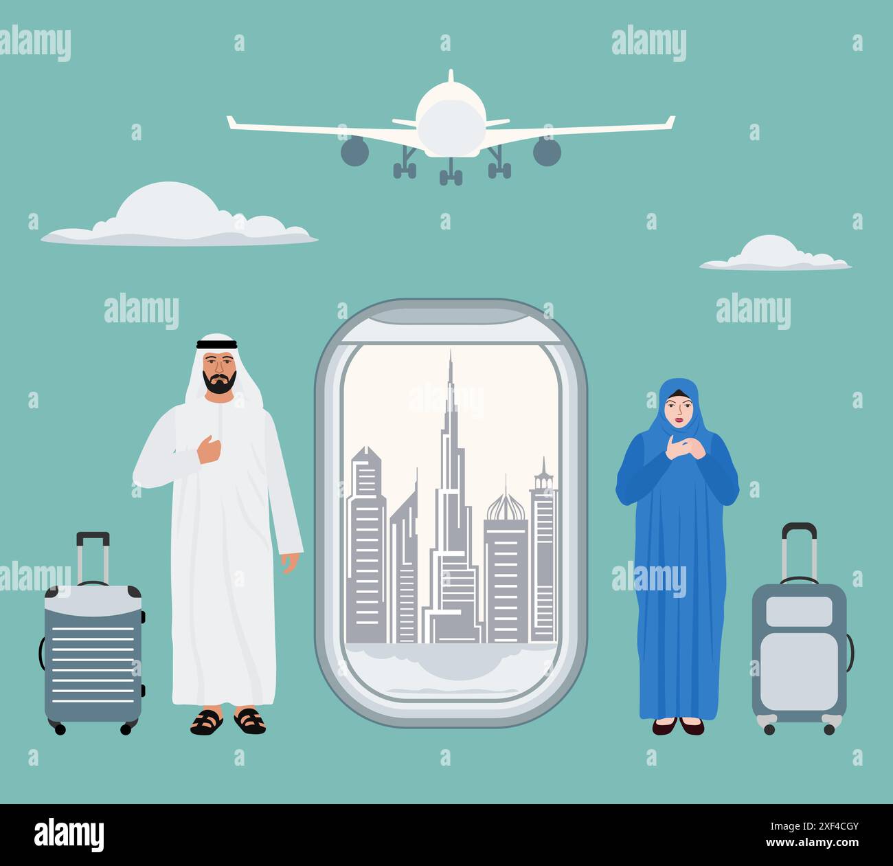 Vector illustration Muslim man, woman with suitcases. Airplane Dubai ...