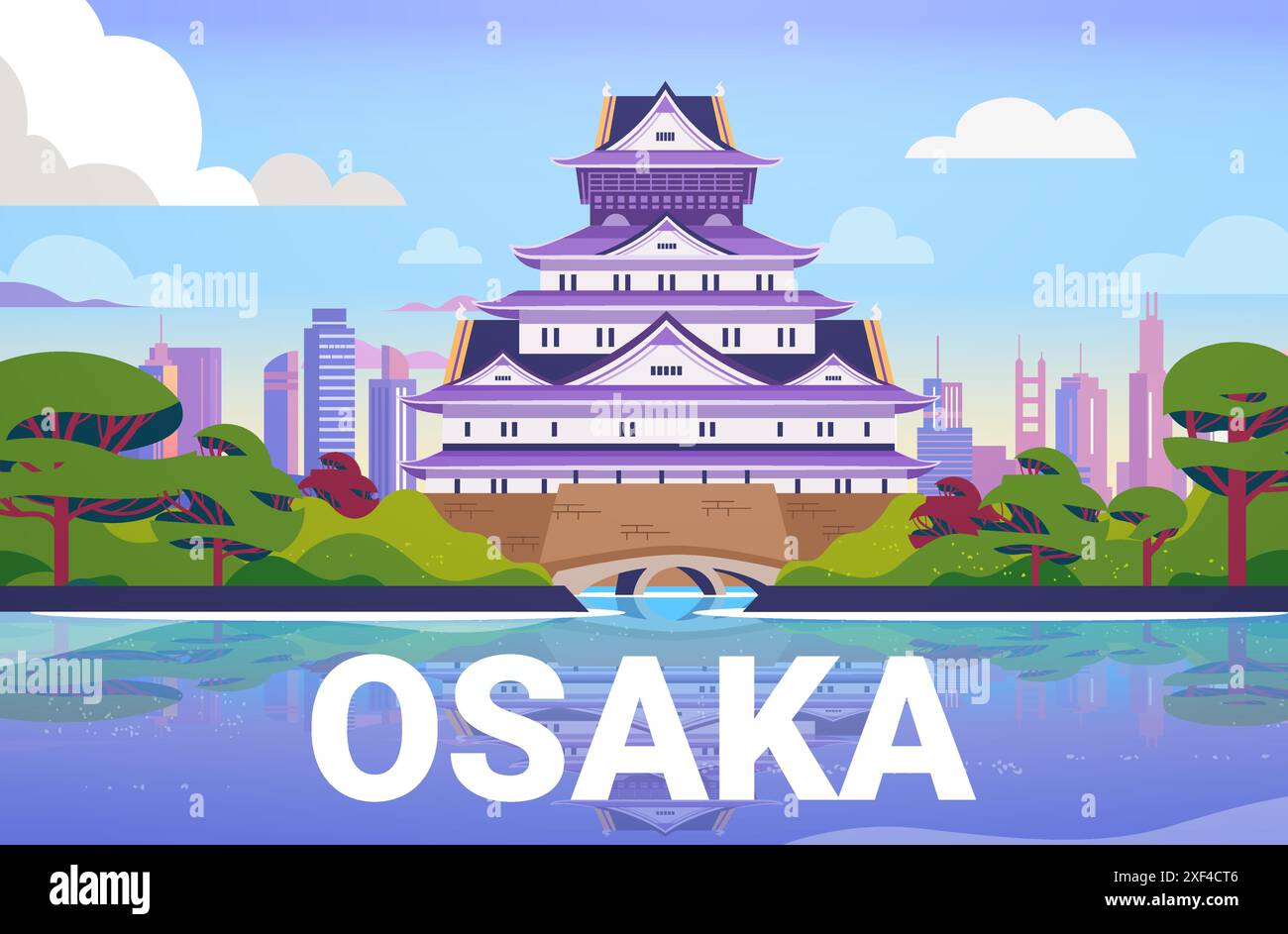 Japanese castle with gardens and modern city skyline in background ...