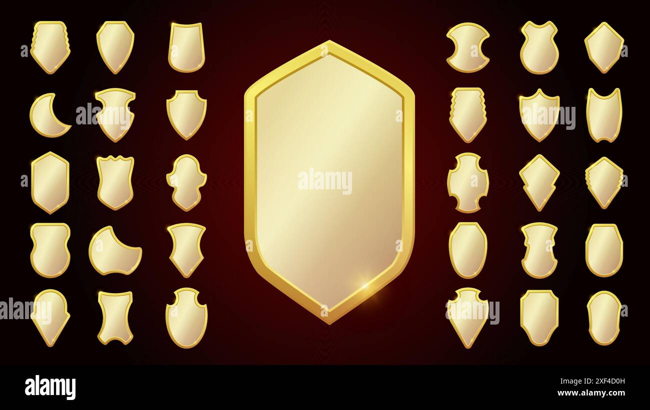 Set of realistic golden heraldic shields. Glass and glossy shield ...