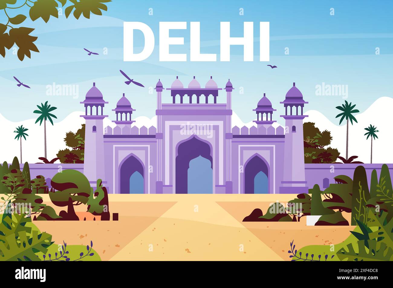 Delhi cityscape with historic monument surrounded by trees and birds in ...