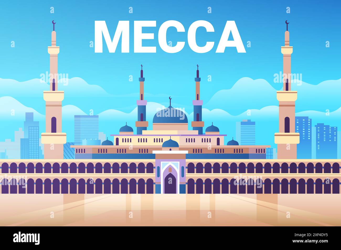 Mecca skyline with mosque minarets and domes in modern cityscape blue ...