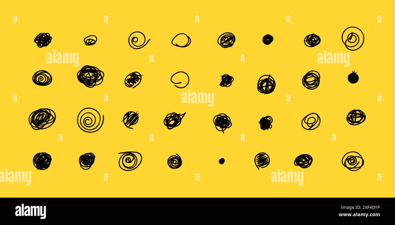 Set of hand drawn doodle circles in a grunge style. Yellow background ...