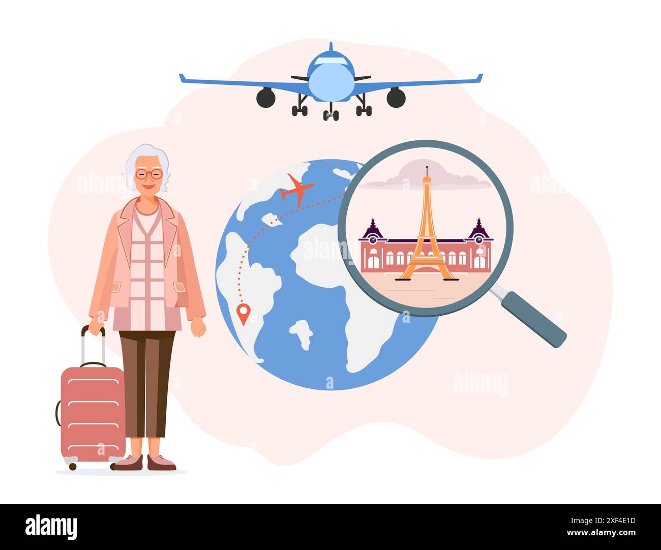 Vector travel illustration Retired Elderly woman with suitcase ...