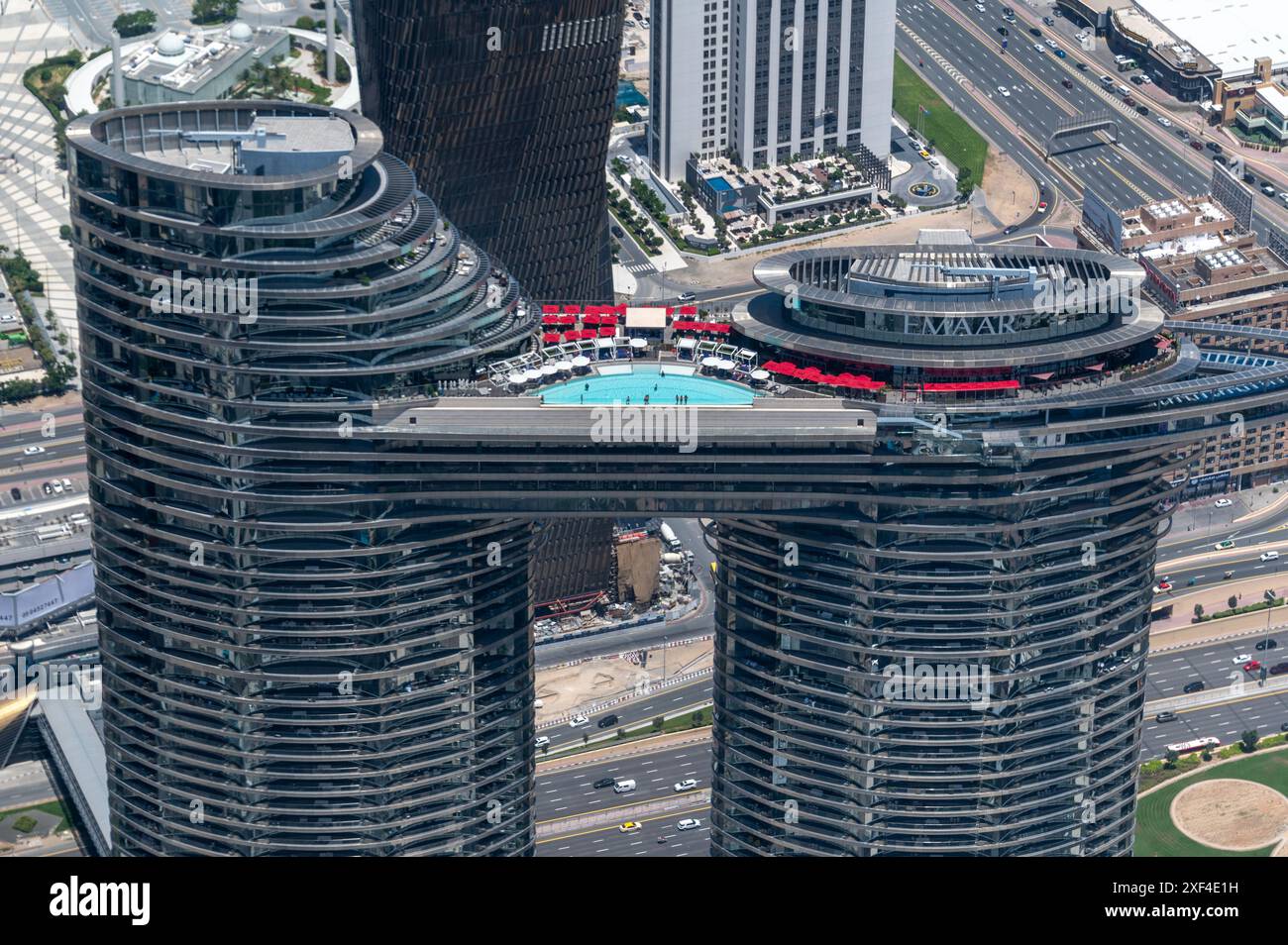 High view from Burj Khalifa, the world’s tallest tower facing the high ...