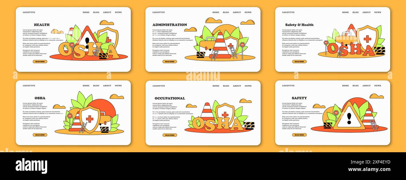 Vector flat OSHA web banner or landing page set. Service protecting worker hazards at job ...