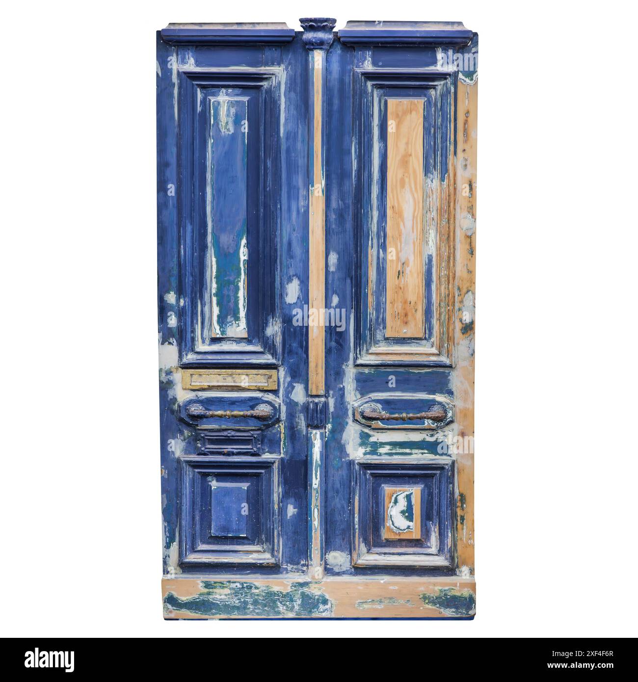 Old weathered blue double house door isolated on a white background ...