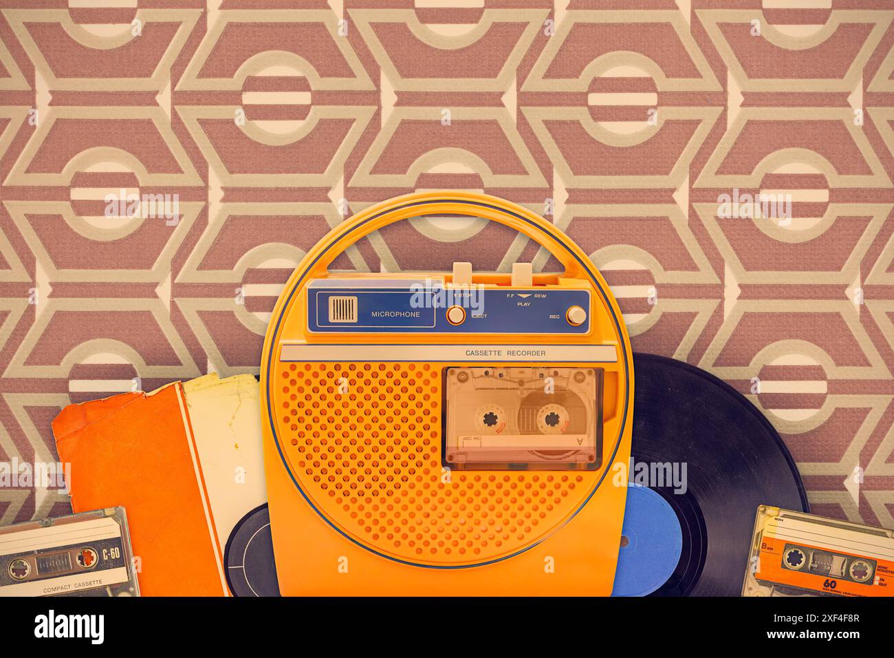 Retro styled image of a vintage portable radio cassette player with ...