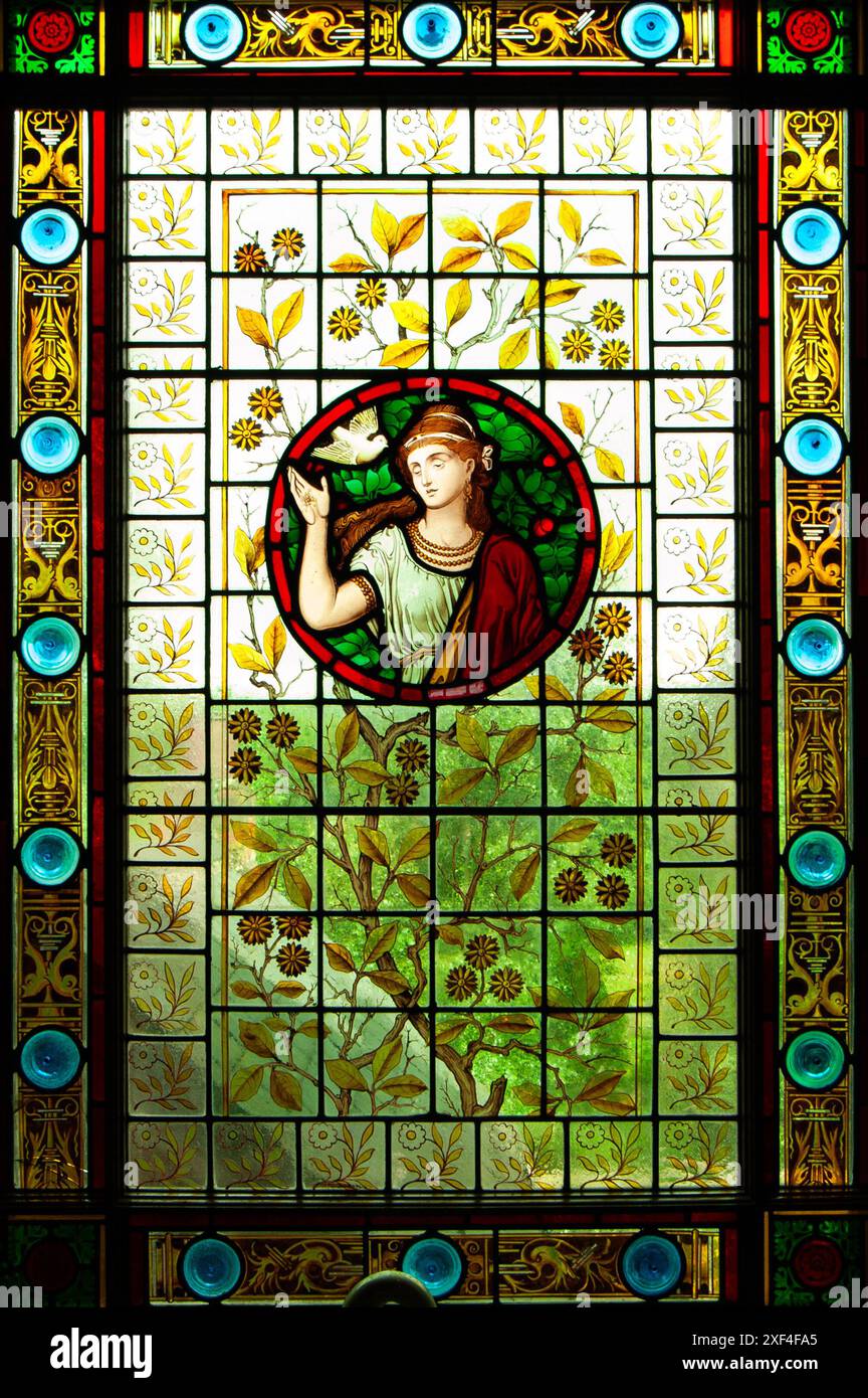 A stained glass window in the 1900's village at Beamish Open Air Museum ...