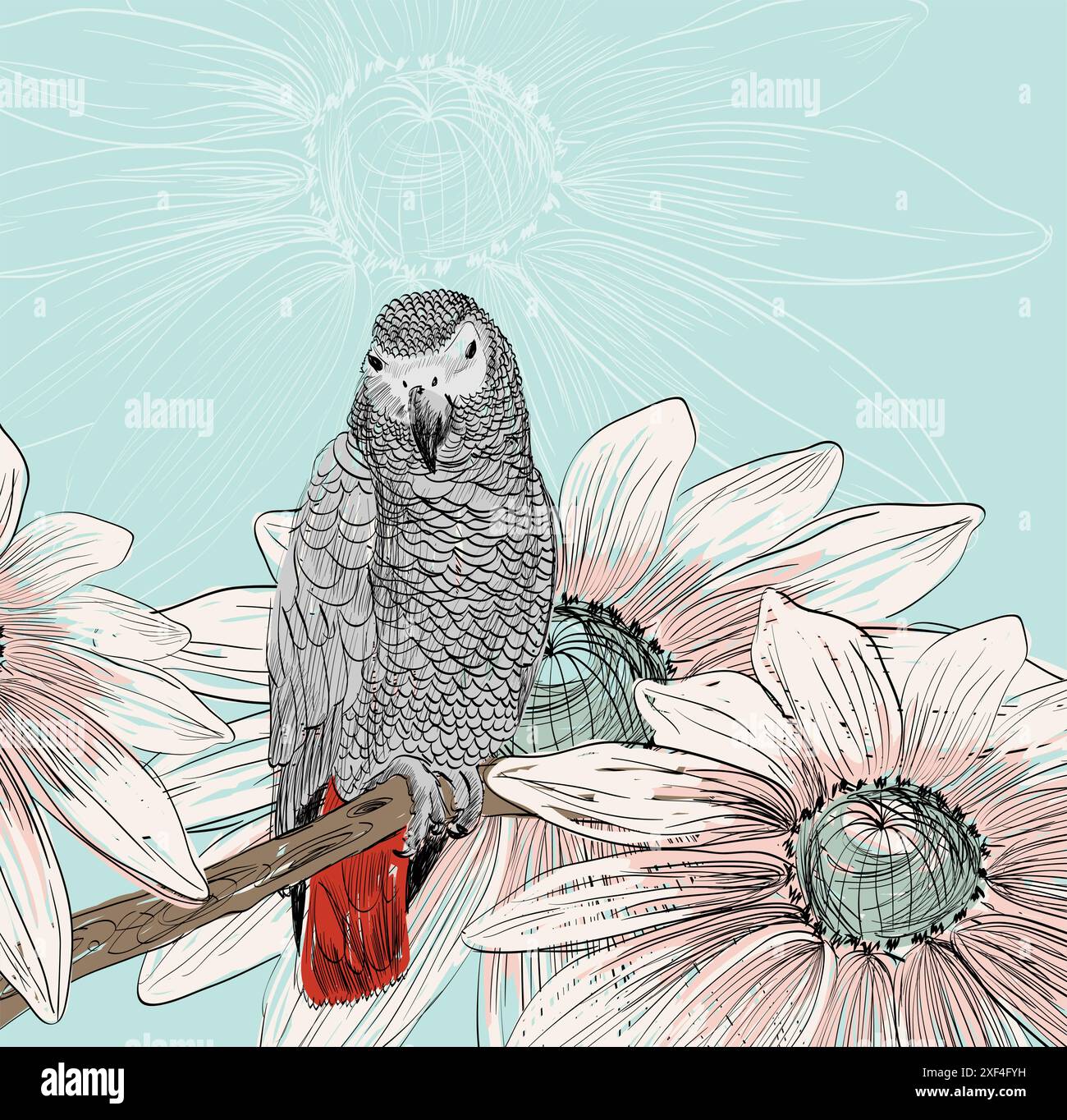 Vector sketch of a parrot with flowers. Hand drawn illustration Stock ...