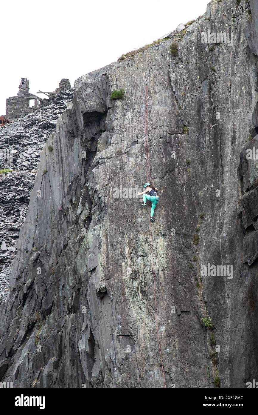 Single female climber with full equipment climbing a sheer slate quarry rock face in Dinorwig ...