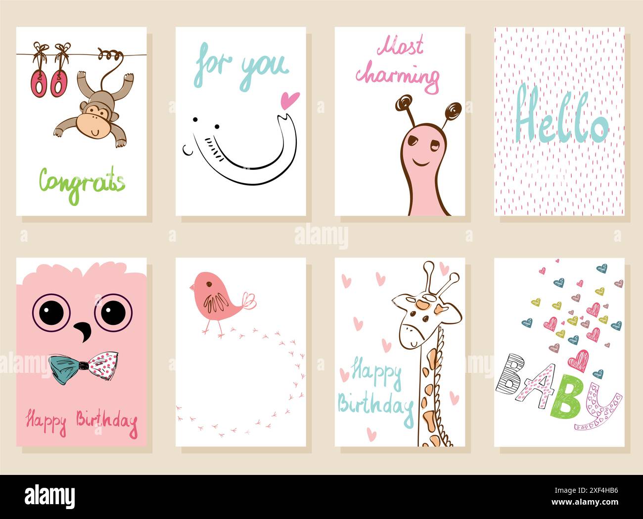 Collection of cute artistic cards for kids. Funny animals in vector ...