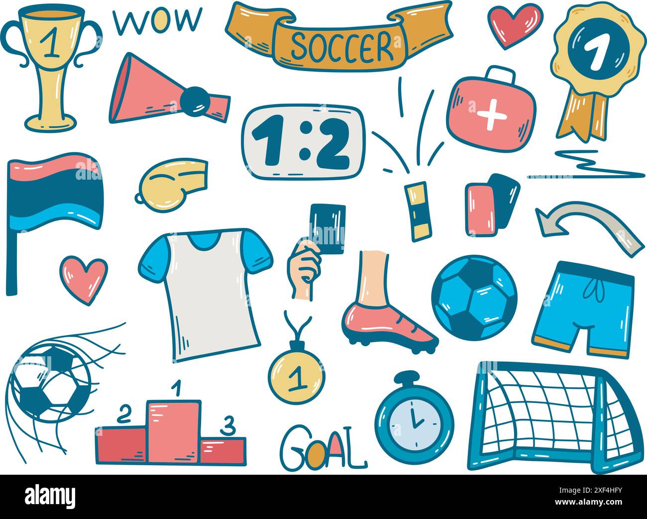 Hand drawn colored set of football elements. Sports equipment, clothes ...