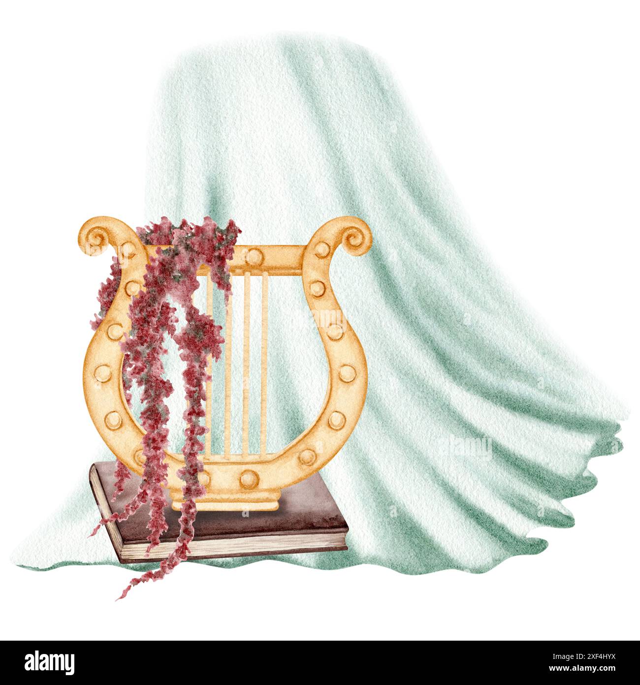 Golden greek lyre decorated with flowers garland. Antique musical ...