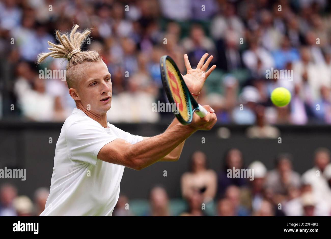 Mark Lajal in action against Carlos Alcaraz (not pictured) on day one ...