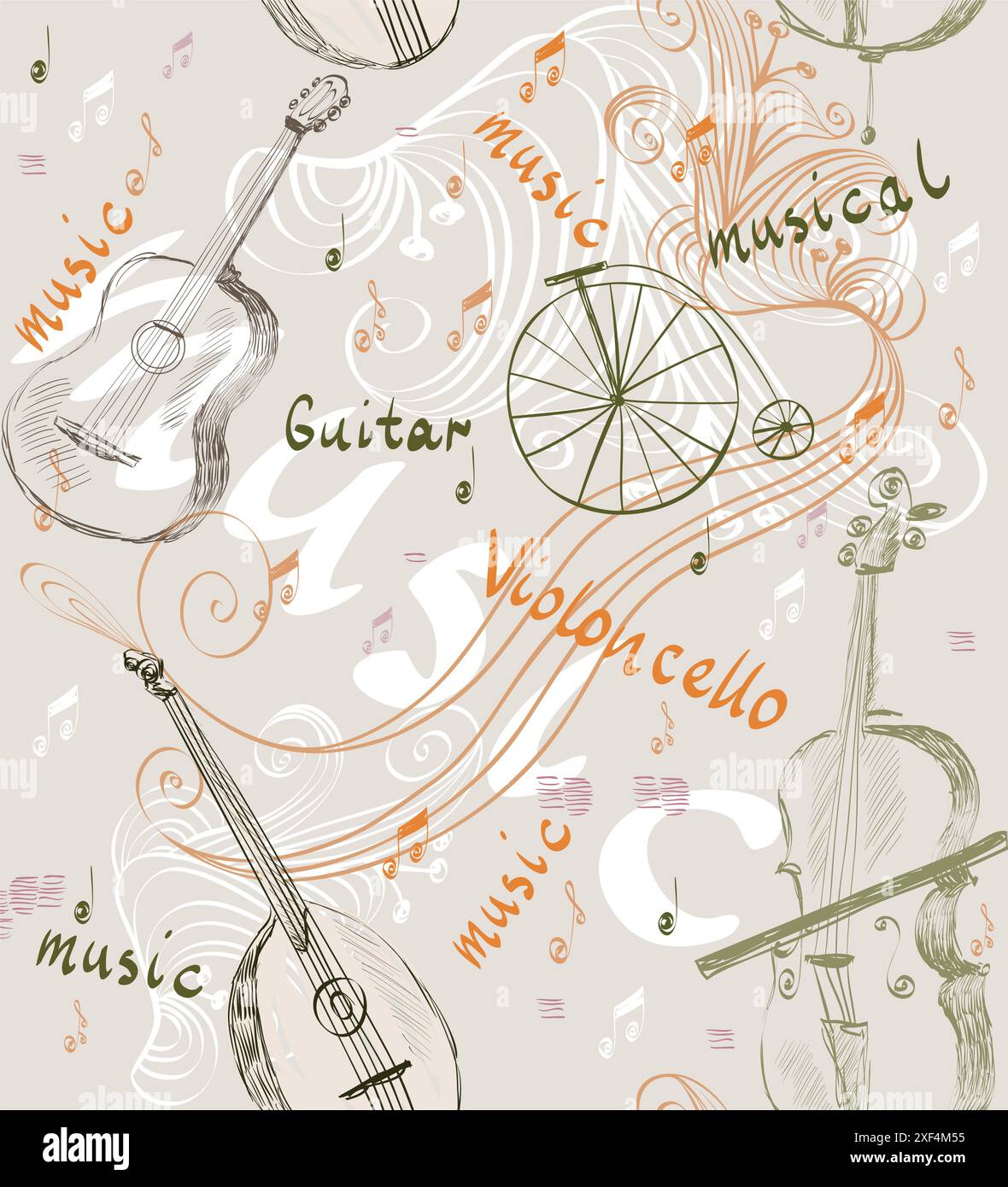 hand drawn seamless pattern of classical musical instruments Stock ...