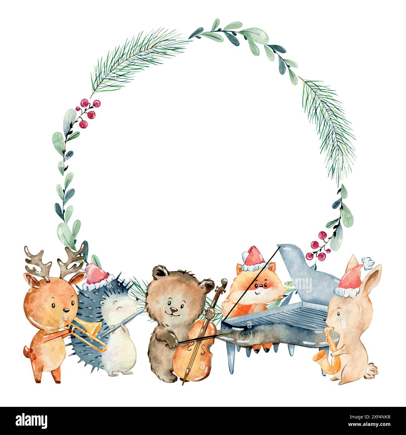 Vector Christmas greeting card. Watercolor winter wreath with animals ...
