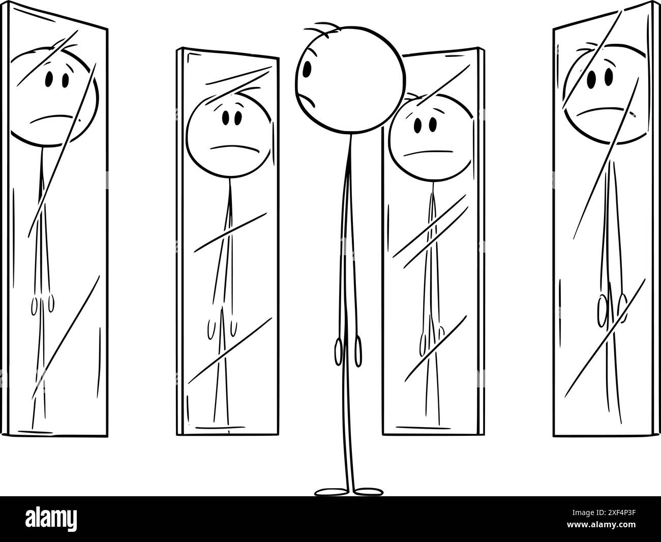 Person looking at themselves in mirrors, vector cartoon stick figure or ...