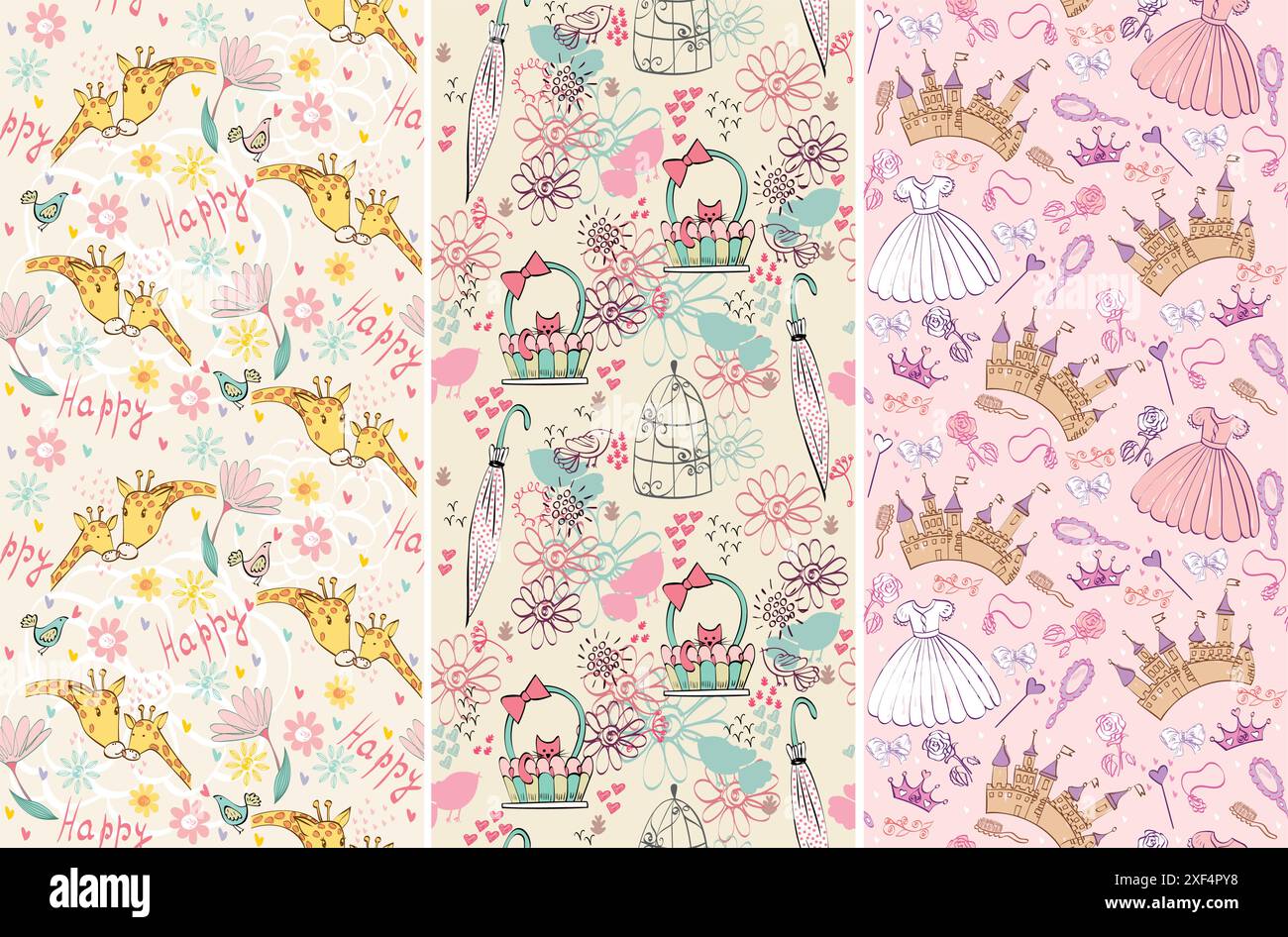 vector hand draw seamless patterns with animals, princess accessories ...