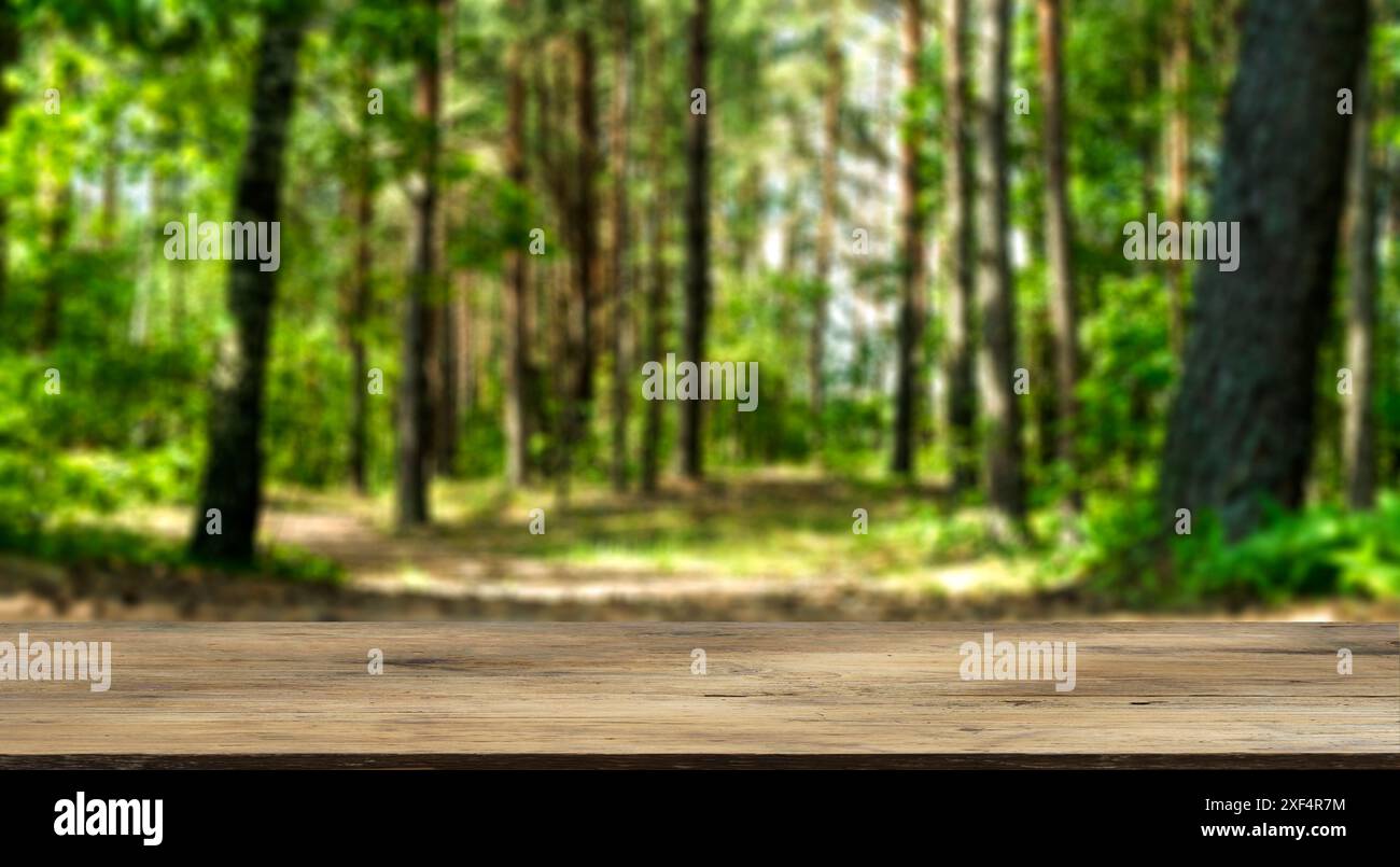 Table on forest background. Wooden table on summer nature blurred ...