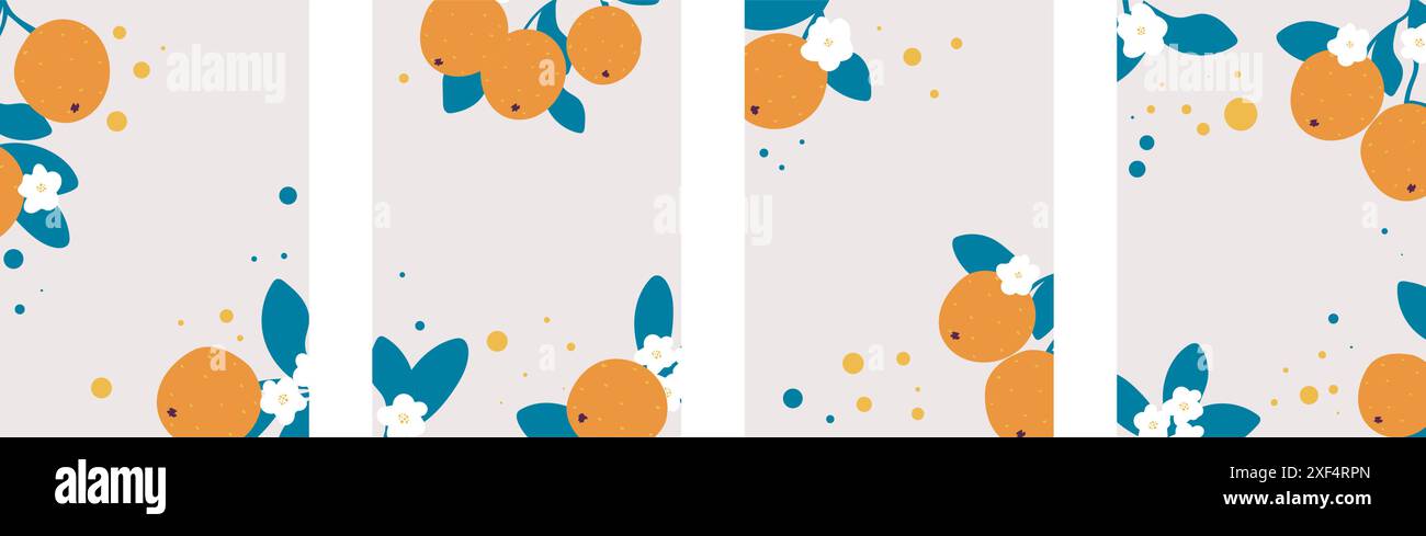 Tangerines fruits, foliage and flowers backgrounds set. Fruity citrus ...