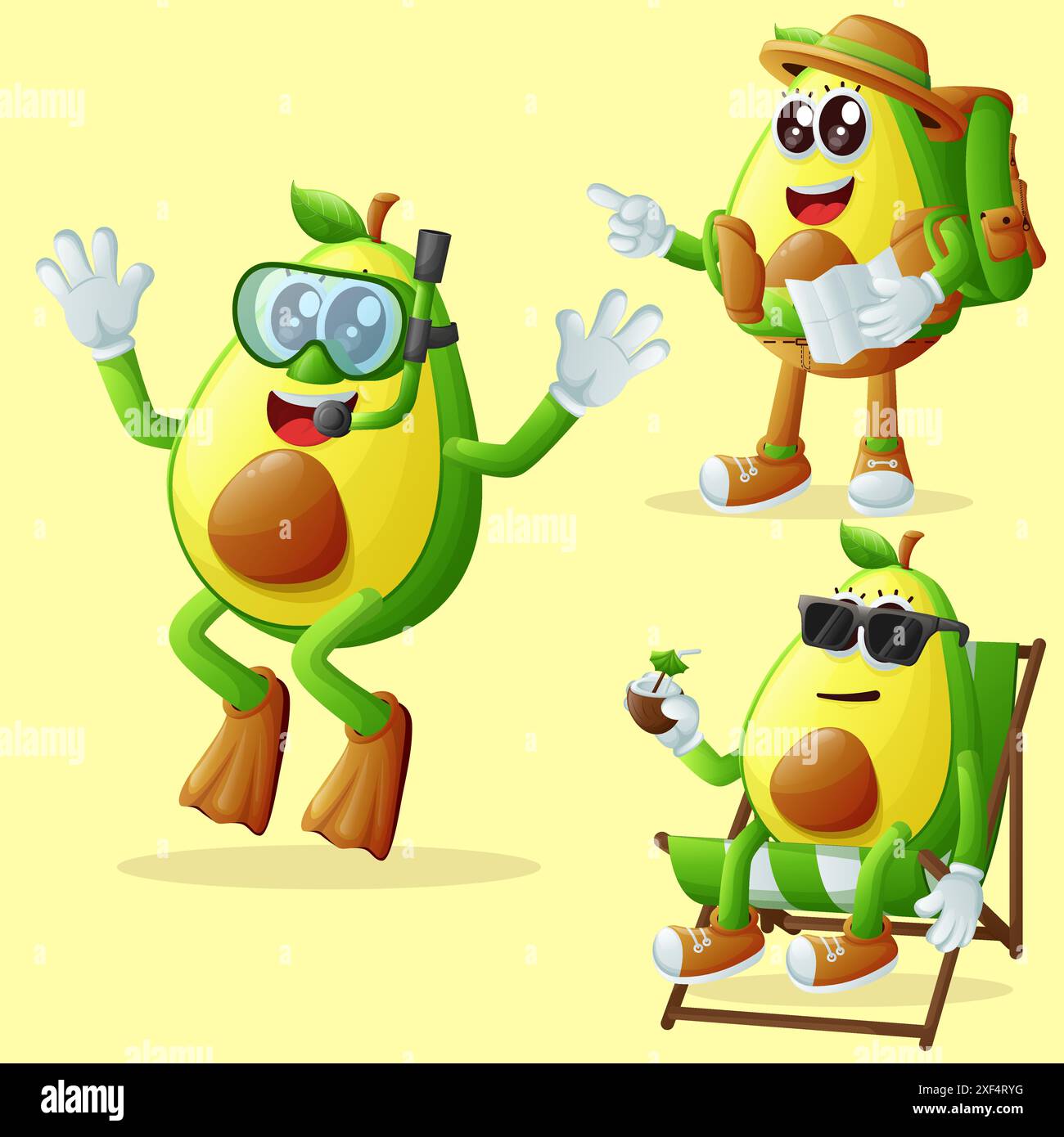 Set of cute avocado characters on vacation. Perfect for kids ...