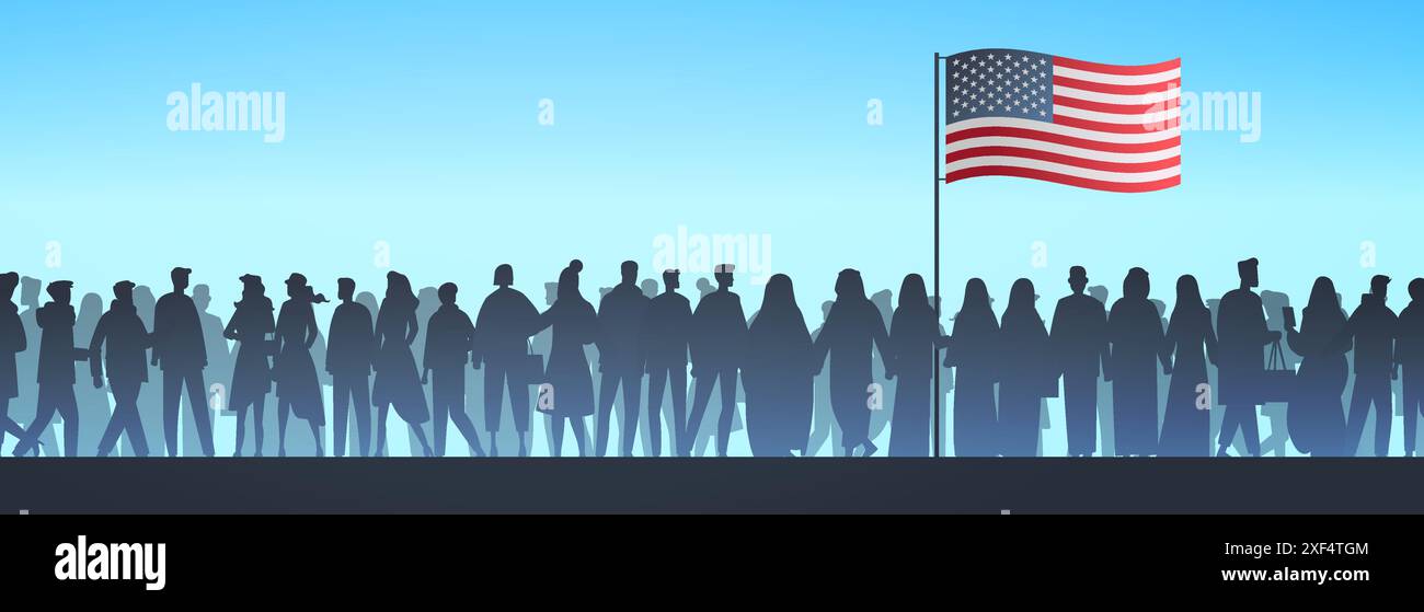 USA presidential election crowd with American flag diverse group of ...