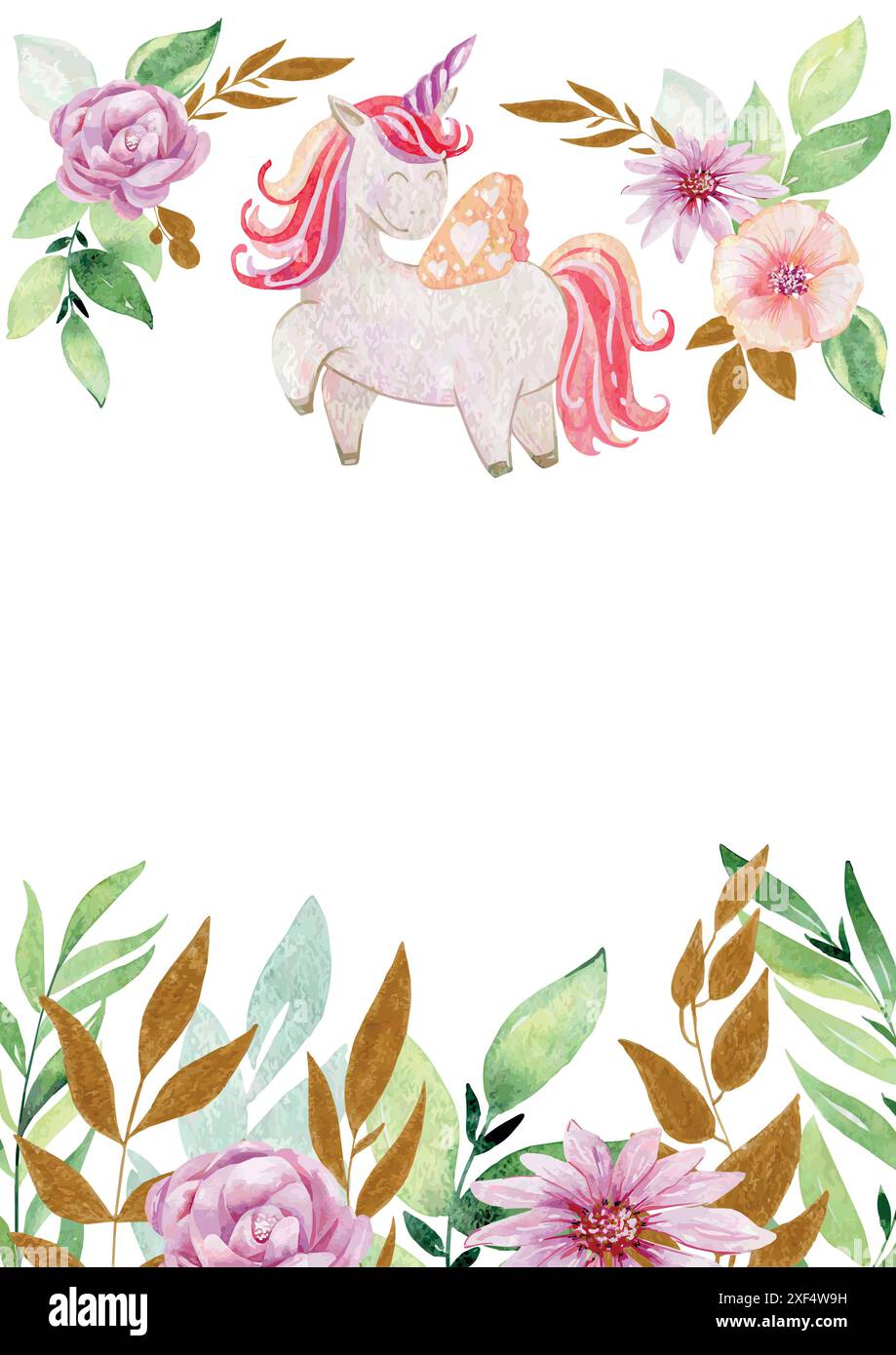 Vector watercolor cute unicorn illustration. Magical fantasy frame ...