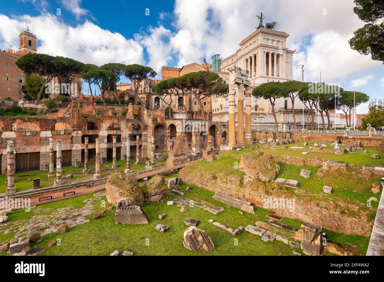 Rome, Italy with Monument to Victor Emmanuel II and ancient Roman Ruins ...