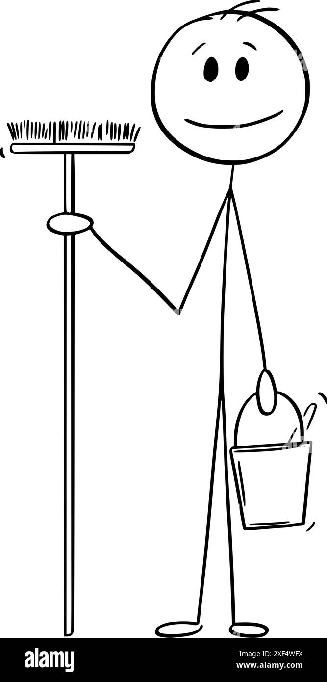 Cleaner or janitor holding broom and bucket, vector cartoon stick ...