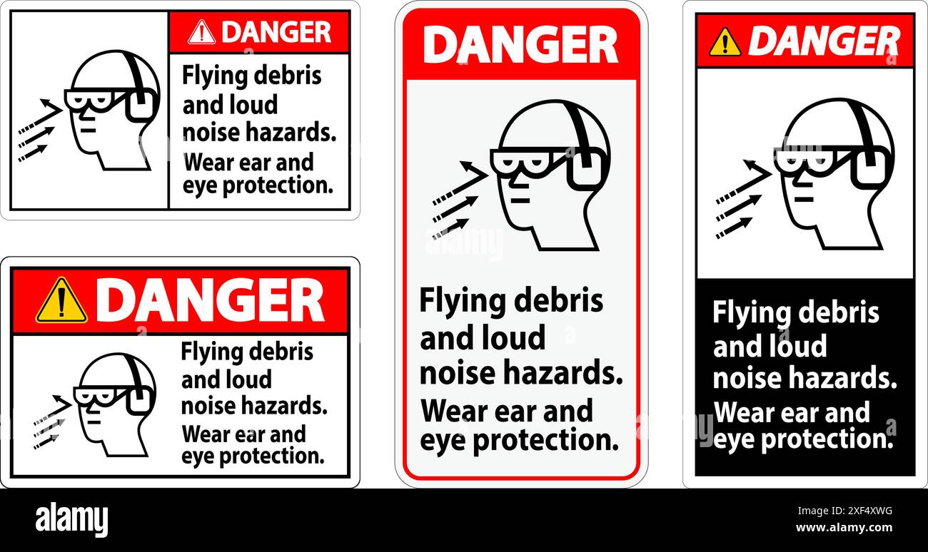 A Danger sign depicting the necessity of wearing ear and eye protection ...
