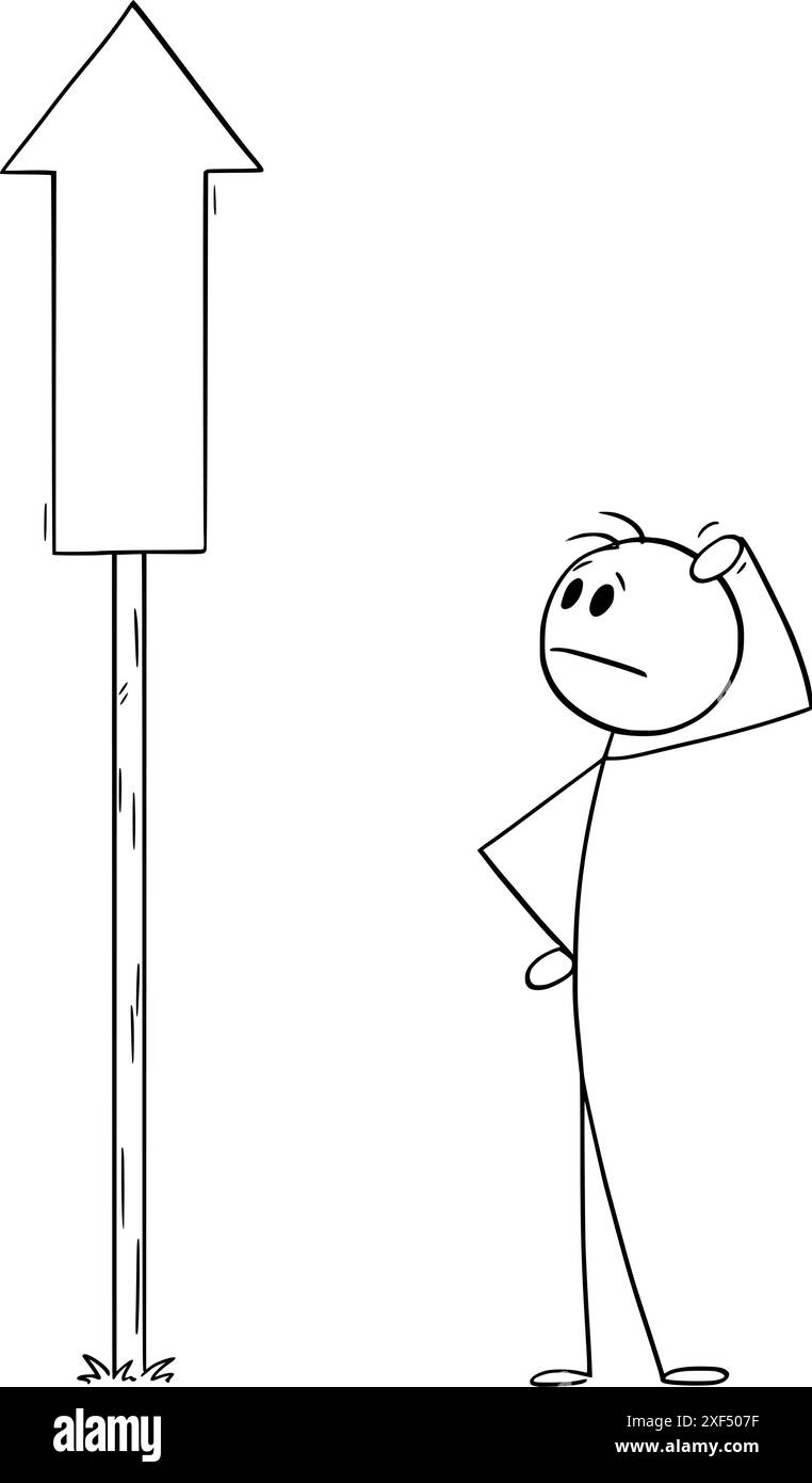 Person looking at up road arrow sign, vector cartoon stick figure or ...