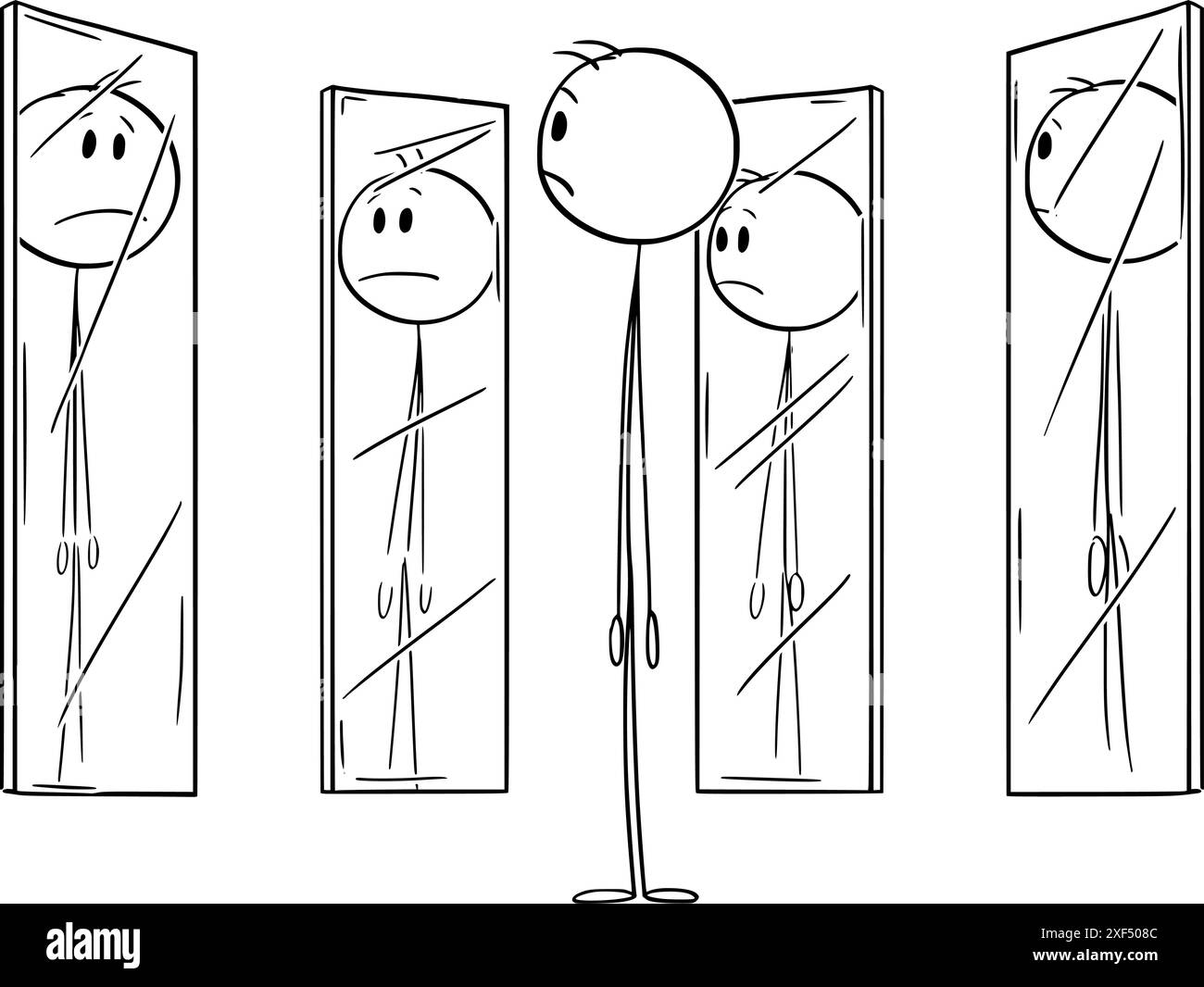 Person looking at themselves in mirrors, vector cartoon stick figure or ...