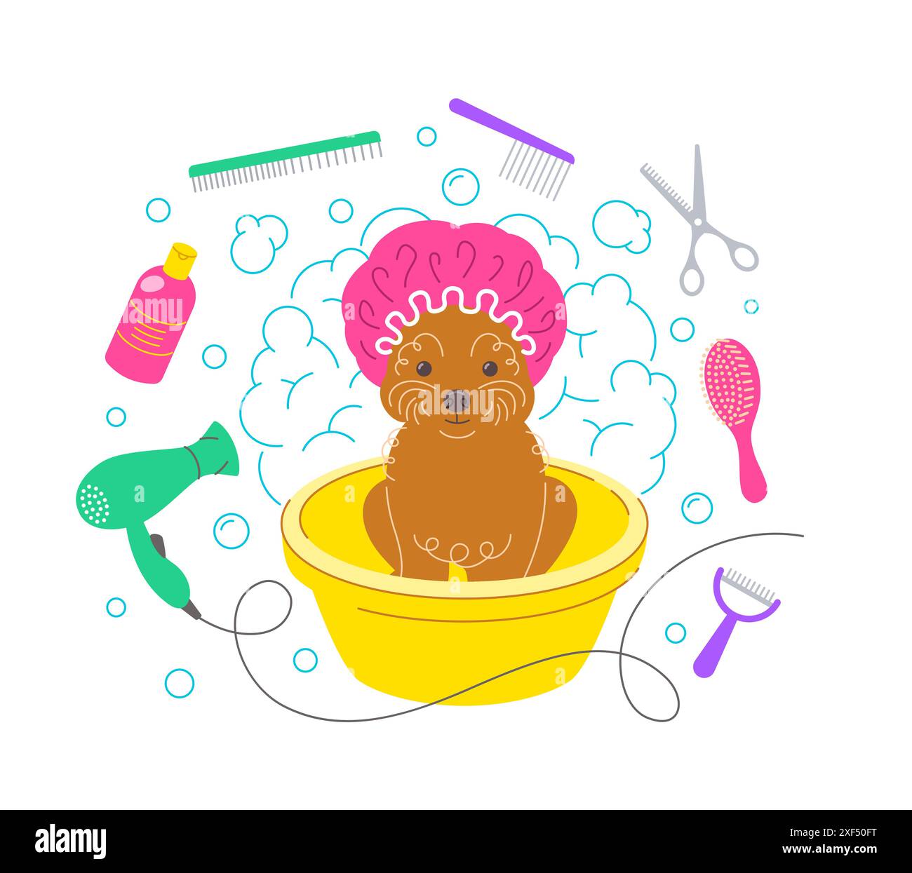 Cute little toy poodle dog in shower cap taking a bath in plastic bowl ...
