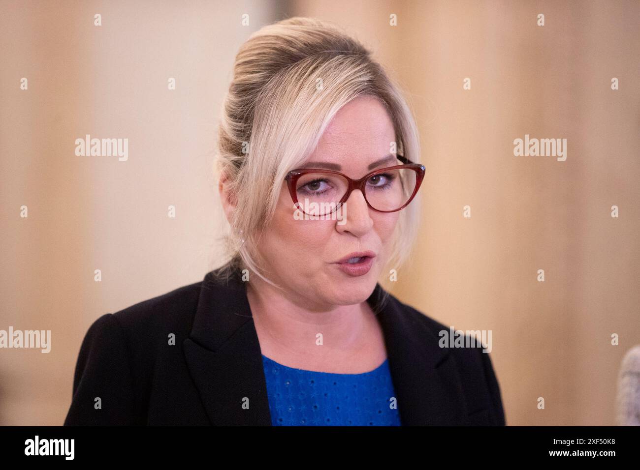 First Minister of Northern Ireland Michelle O'Neill speaks during a ...