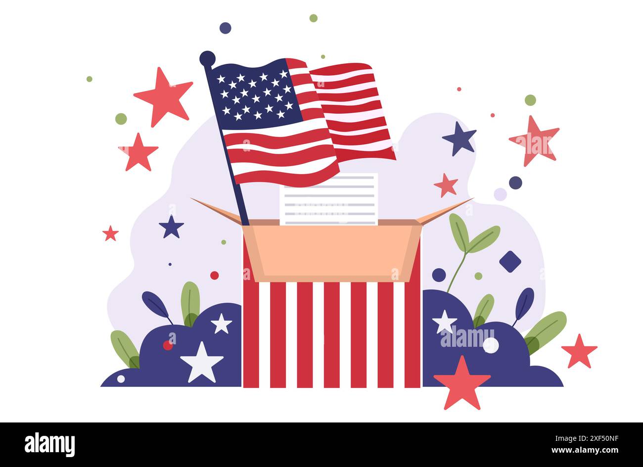 US presidential election voting box with American flag stars and plants ...