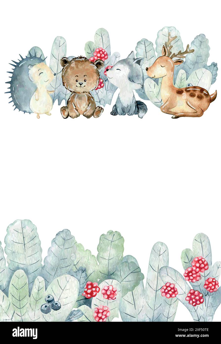 Baby shower card. Vector watercolor woodland card with animals Stock ...