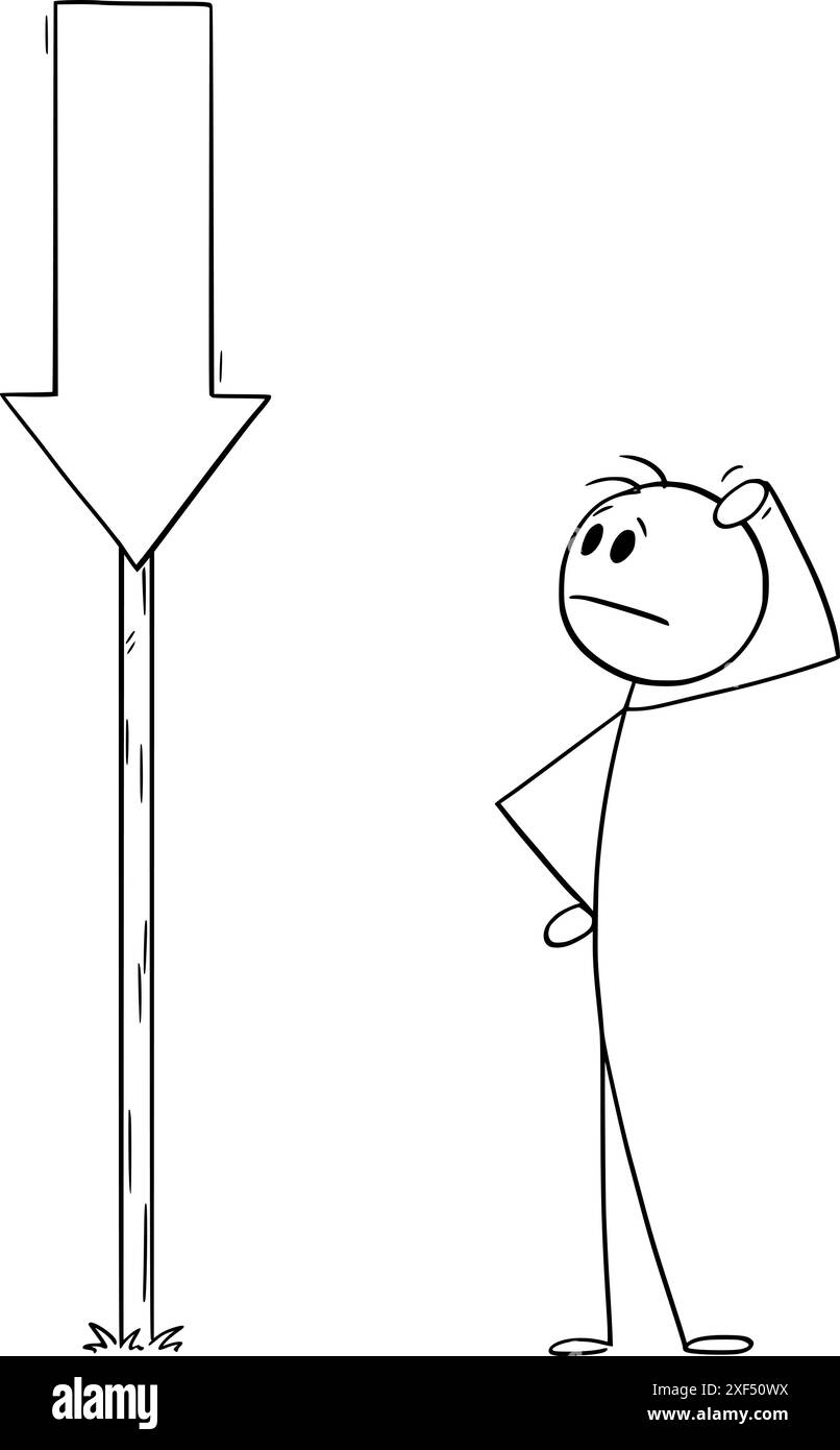 Person looking at down road arrow sign, vector cartoon stick figure or ...