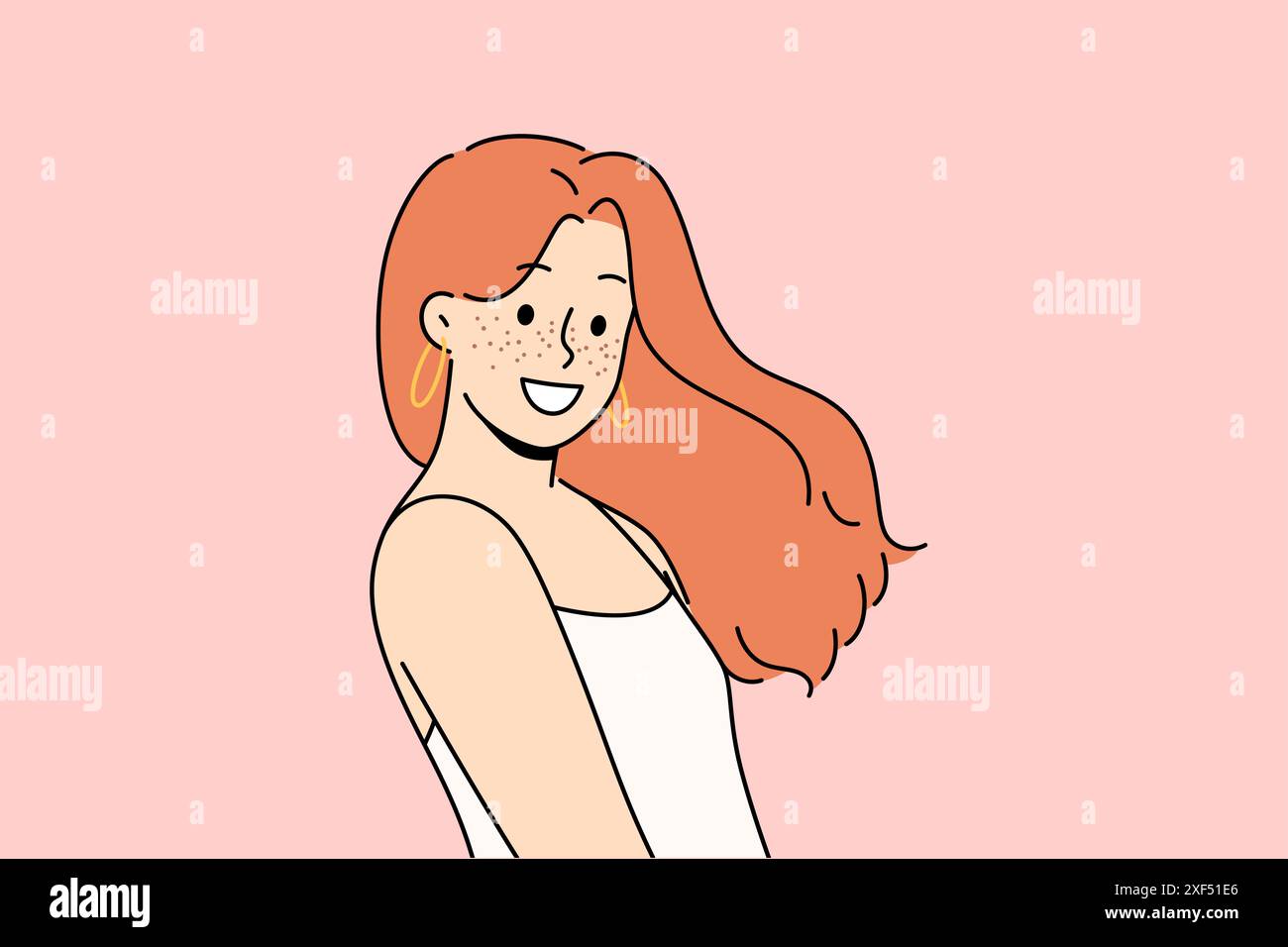 Attractive woman with freckles on face smiles and looks at screen ...