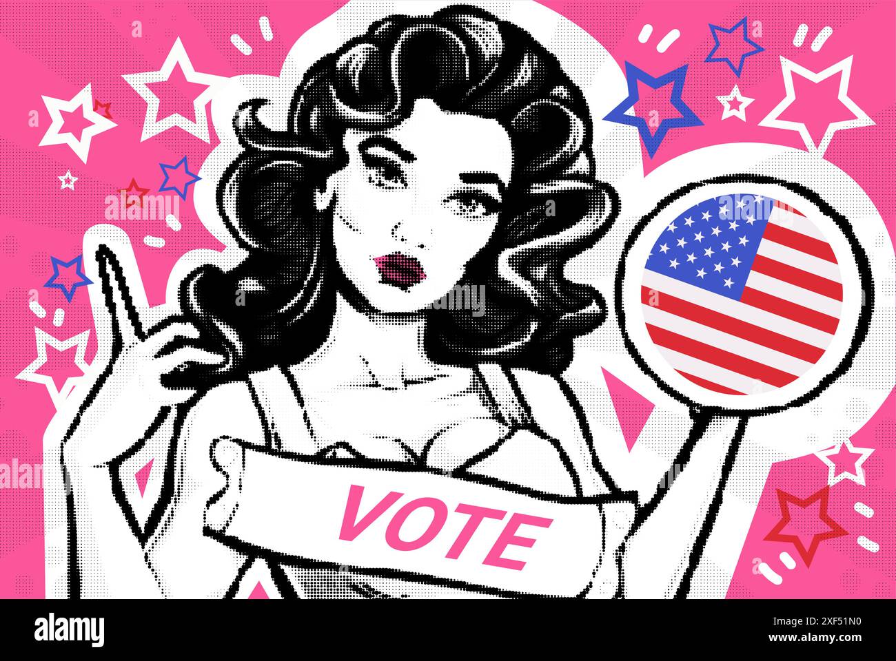 US presidential election pop art woman promoting voting stars USA flag ...