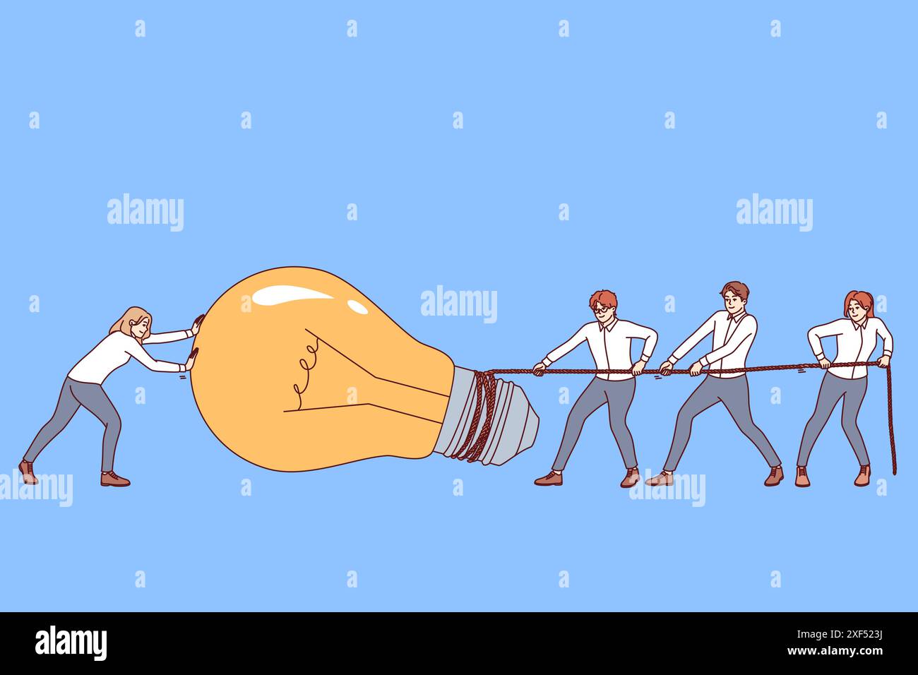 Teamwork on idea for business people pulling giant light bulb ...