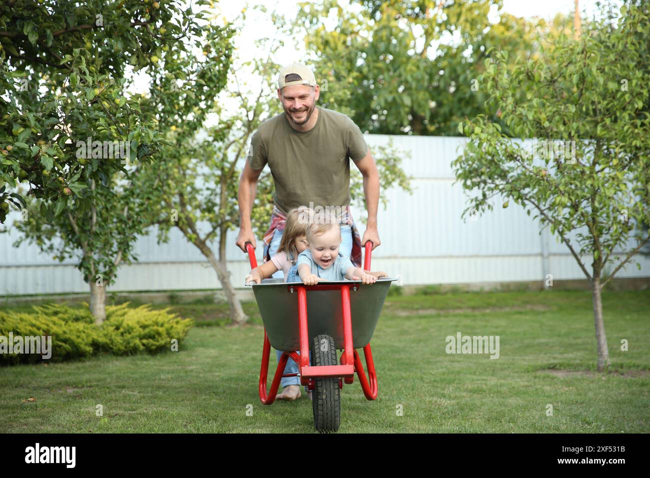 Father pushing wheelbarrow with his kids outdoors Stock Photo - Alamy