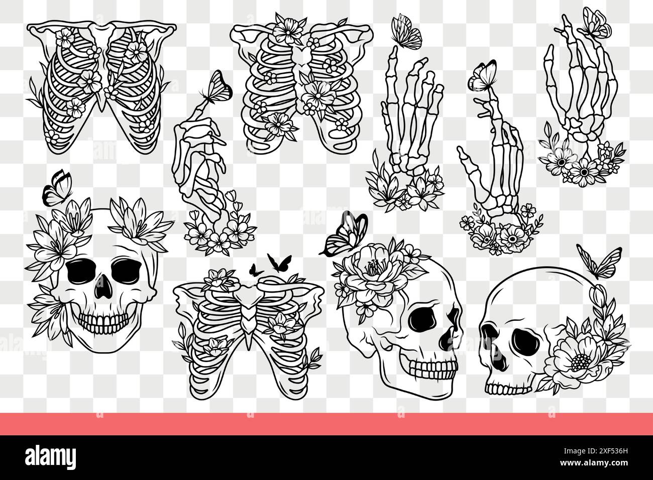 Human skeleton and bones with skulls are decorated with flowers and ...