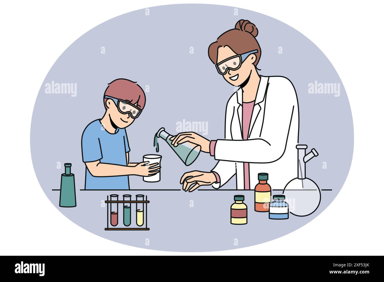 Woman teacher of chemistry teaches boy to conduct laboratory ...