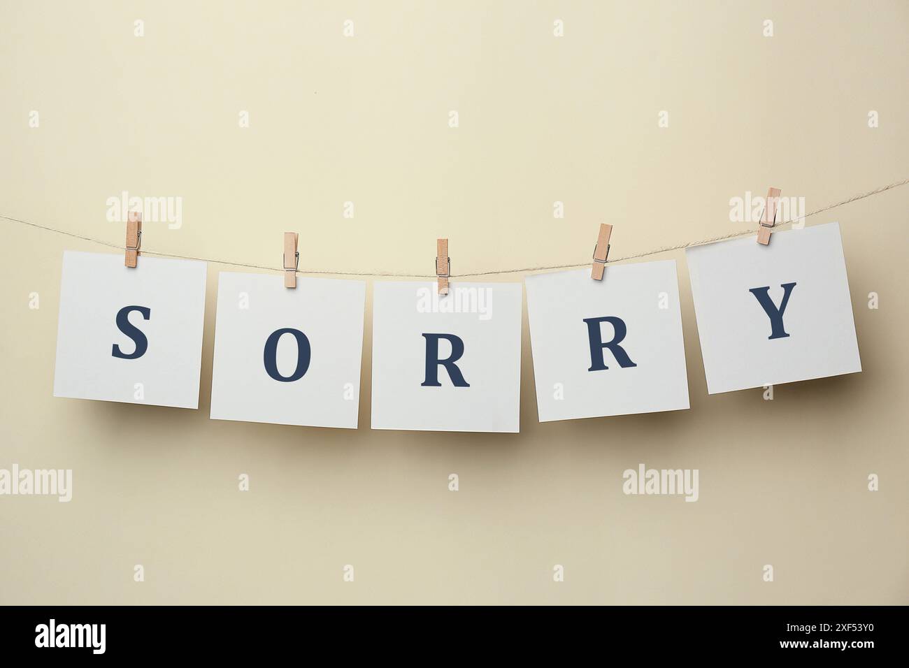 Word Sorry made of paper notes with letters hanging on rope against ...