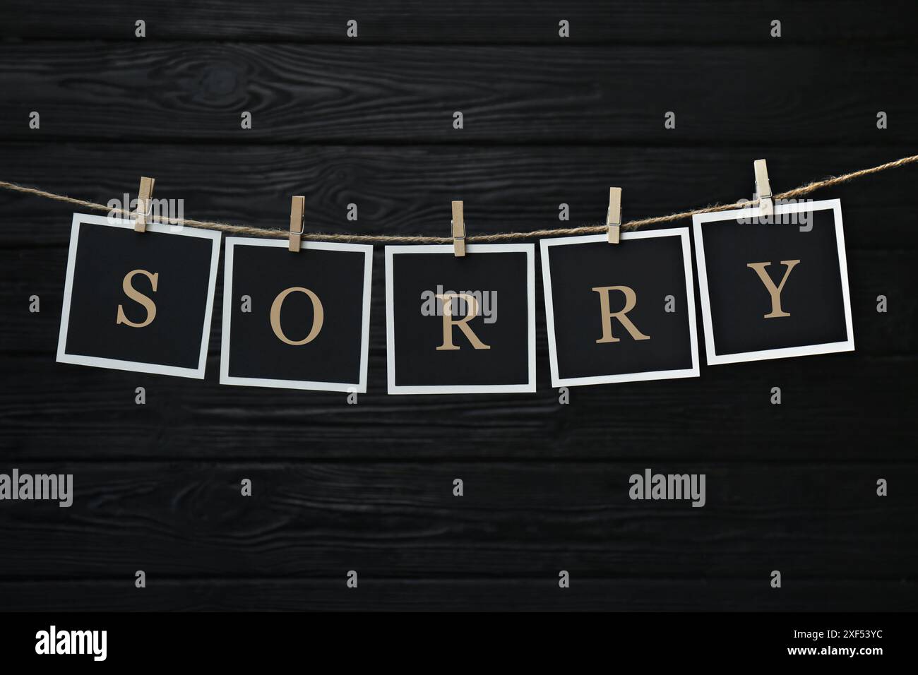 Word Sorry made of paper notes with letters hanging on rope against ...